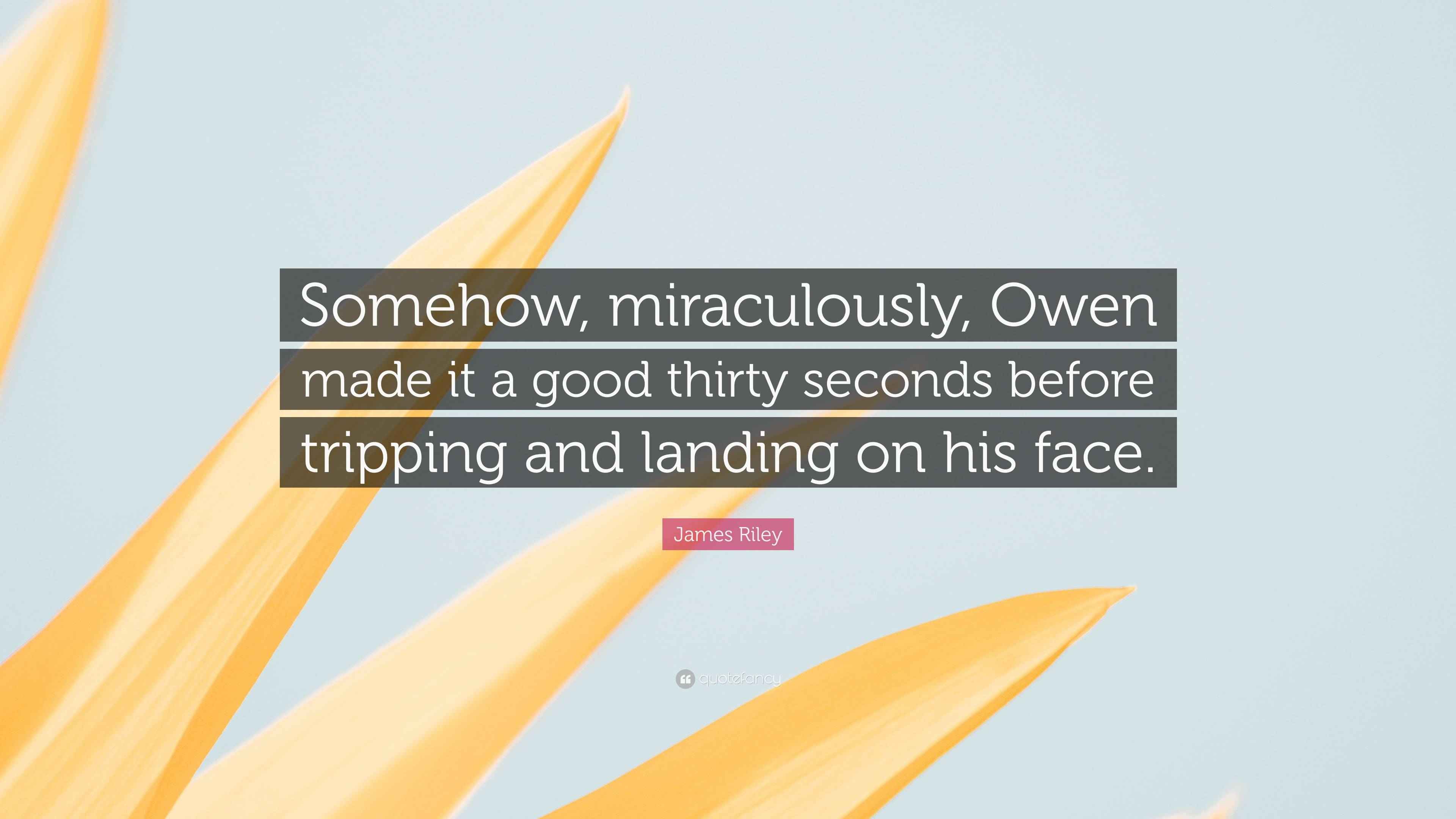 James Riley Quote: “Somehow, miraculously, Owen made it a good thirty ...