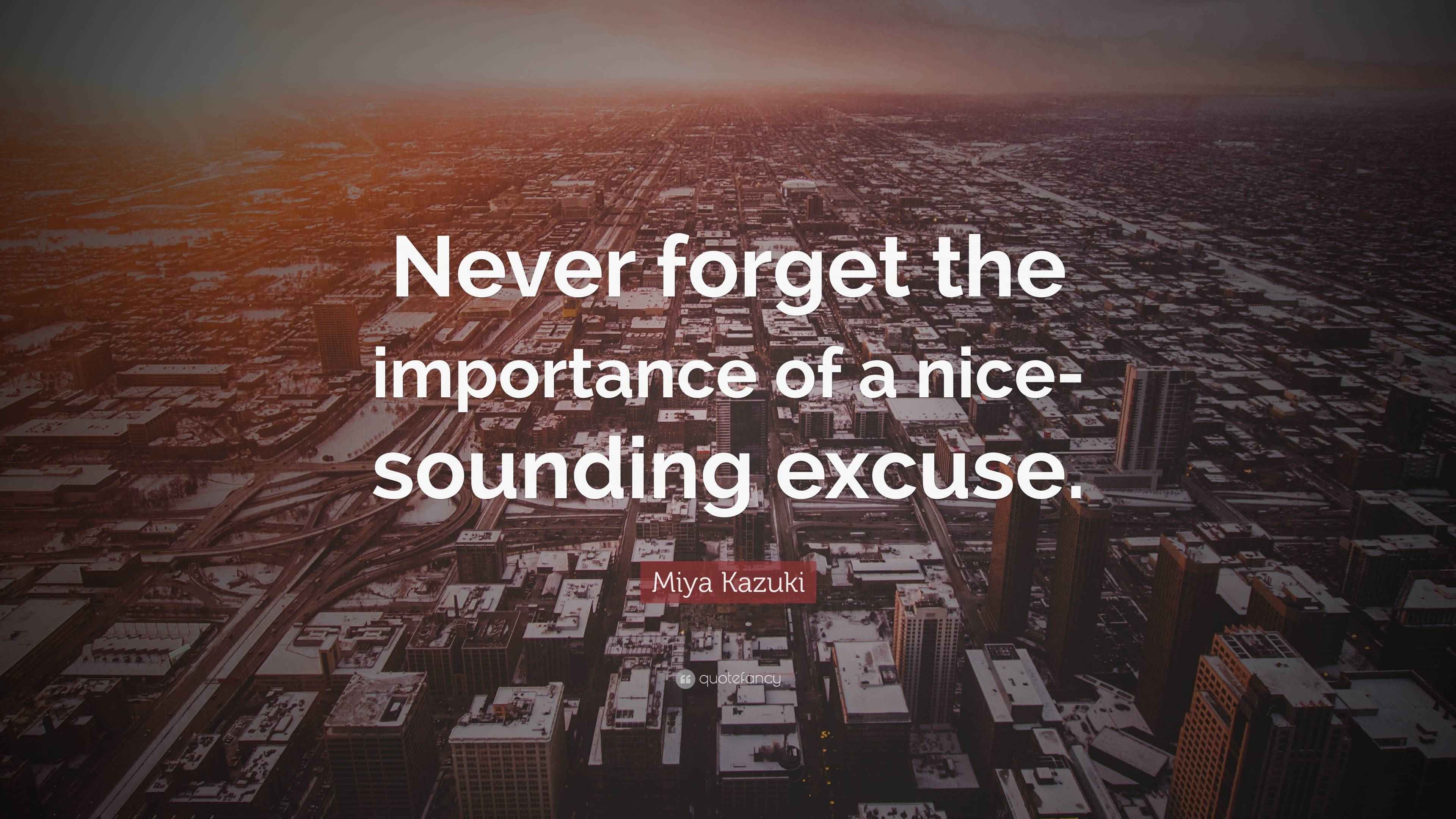 Miya Kazuki Quote: “Never forget the importance of a nice-sounding excuse.”