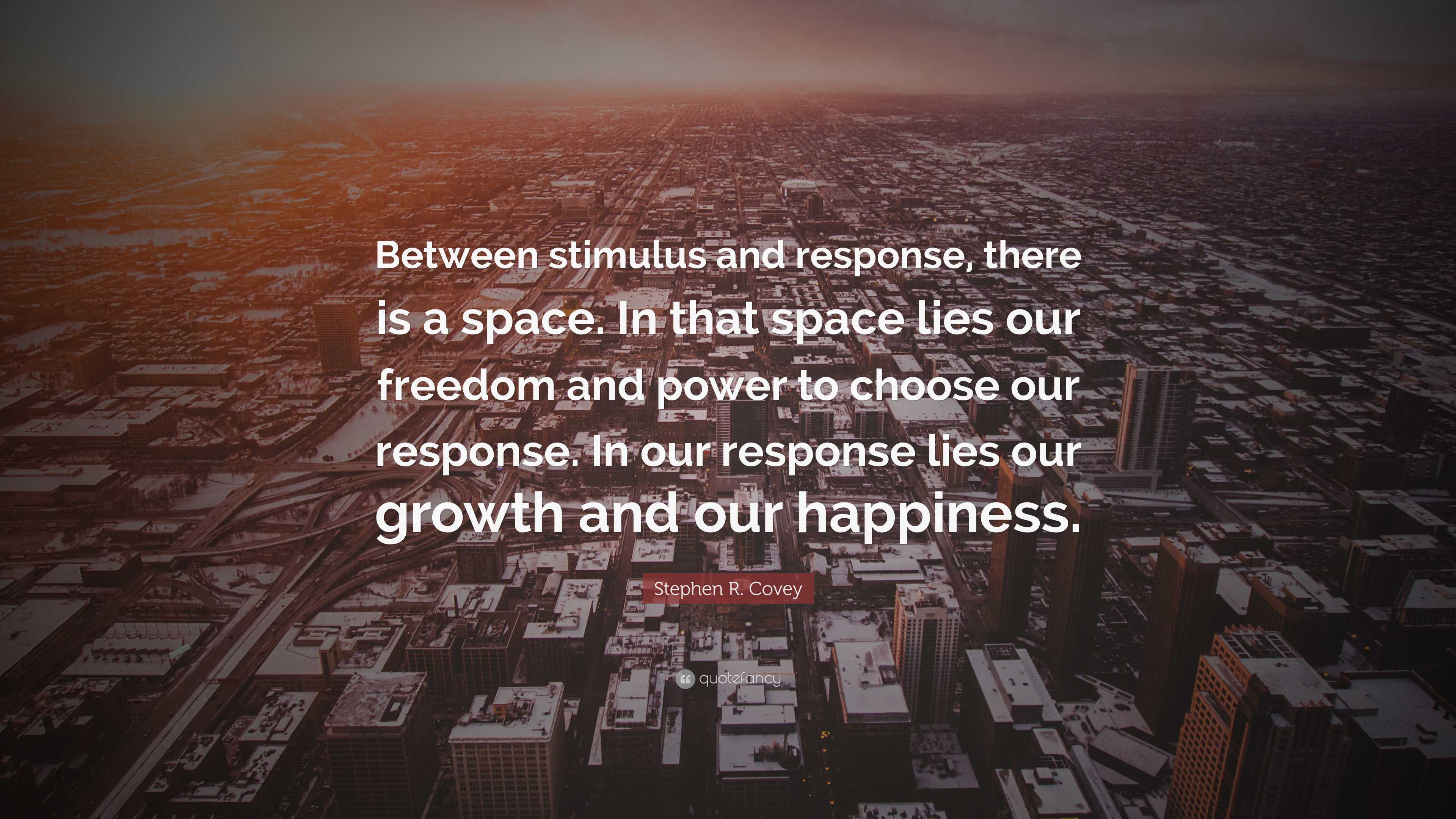 Stephen R. Covey Quote: “Between stimulus and response, there is a ...