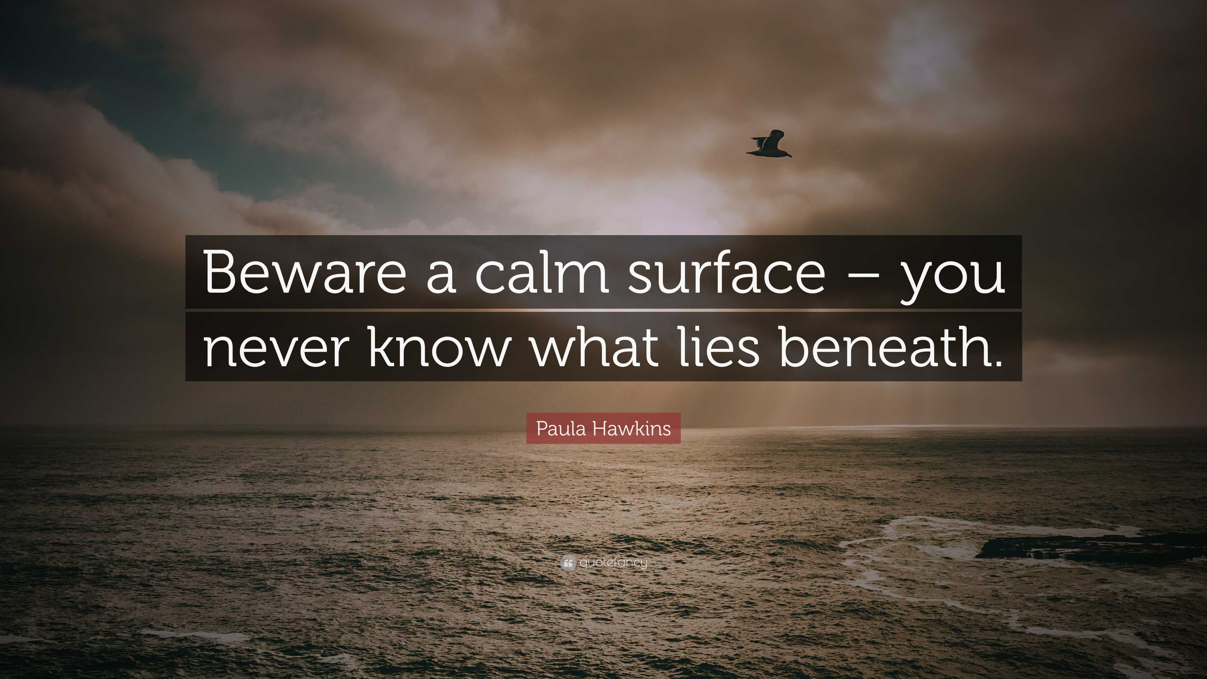Paula Hawkins Quote: “Beware a calm surface – you never know what lies ...