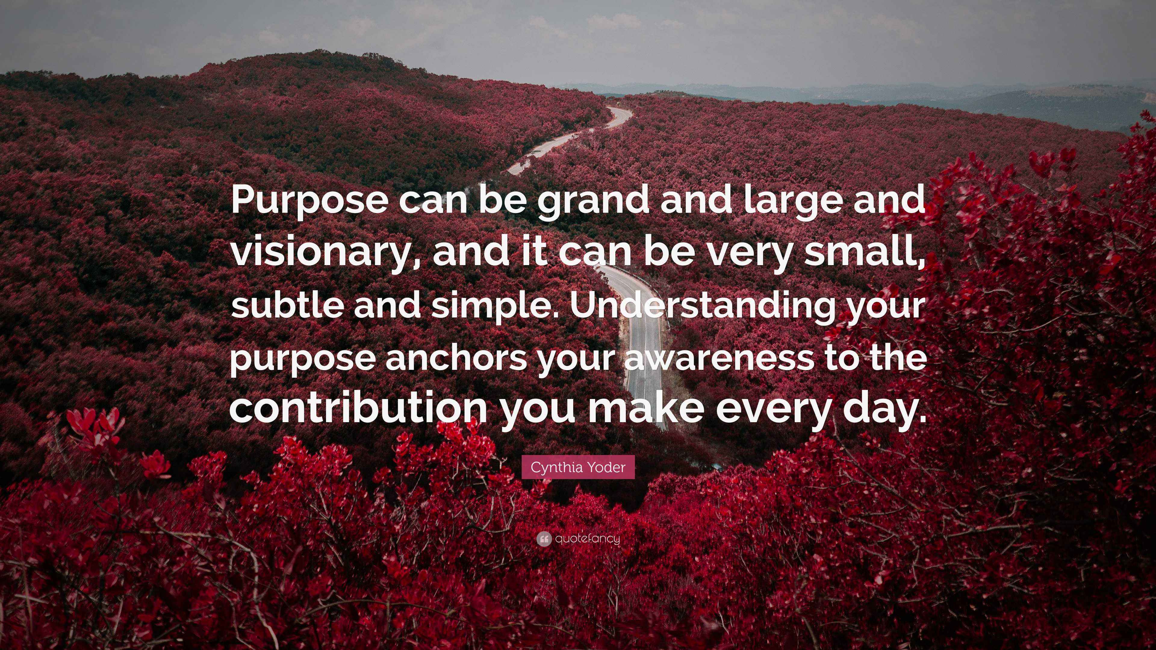 Cynthia Yoder Quote: “Purpose can be grand and large and visionary, and ...