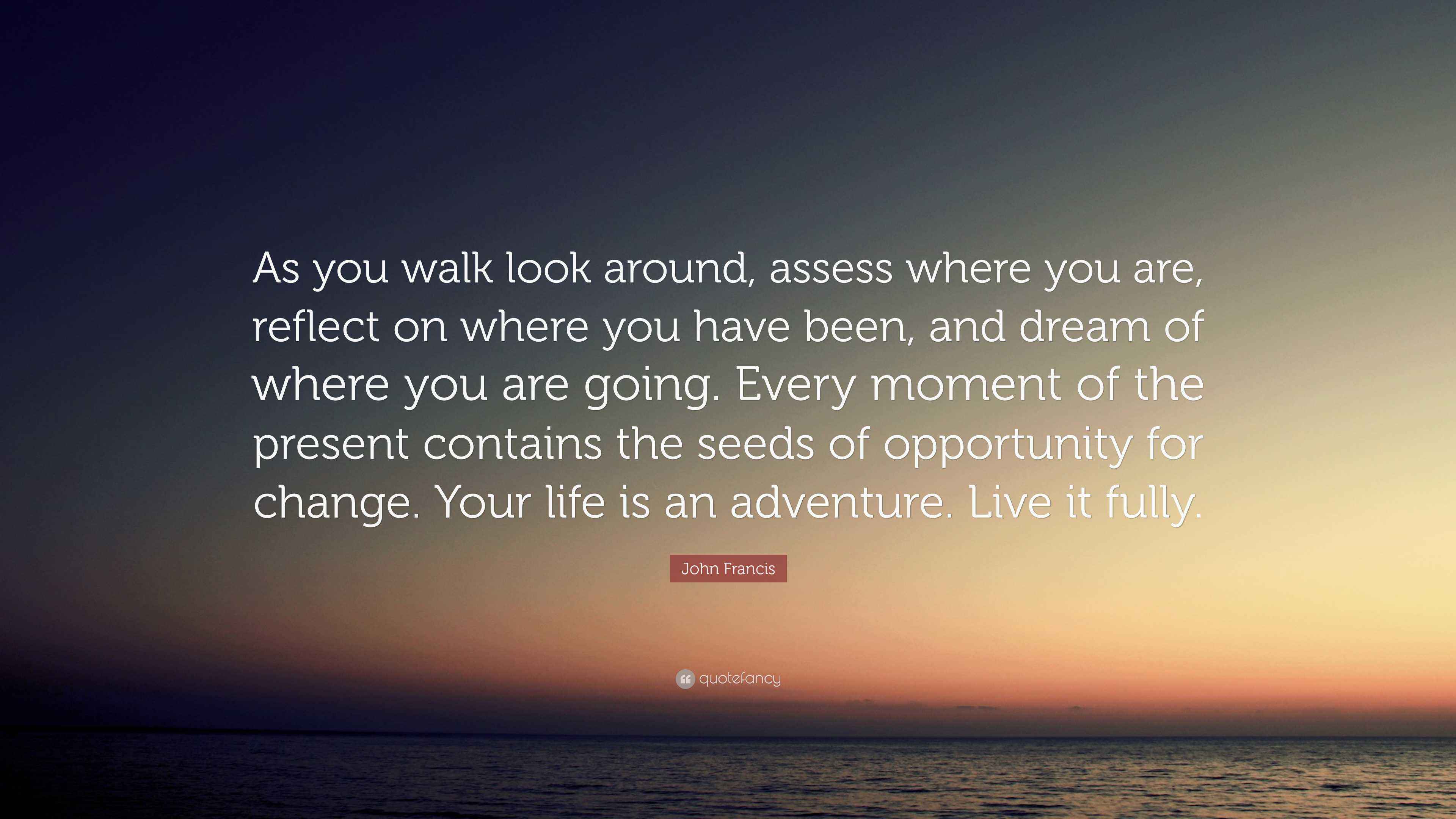 John Francis Quote: “As you walk look around, assess where you are ...