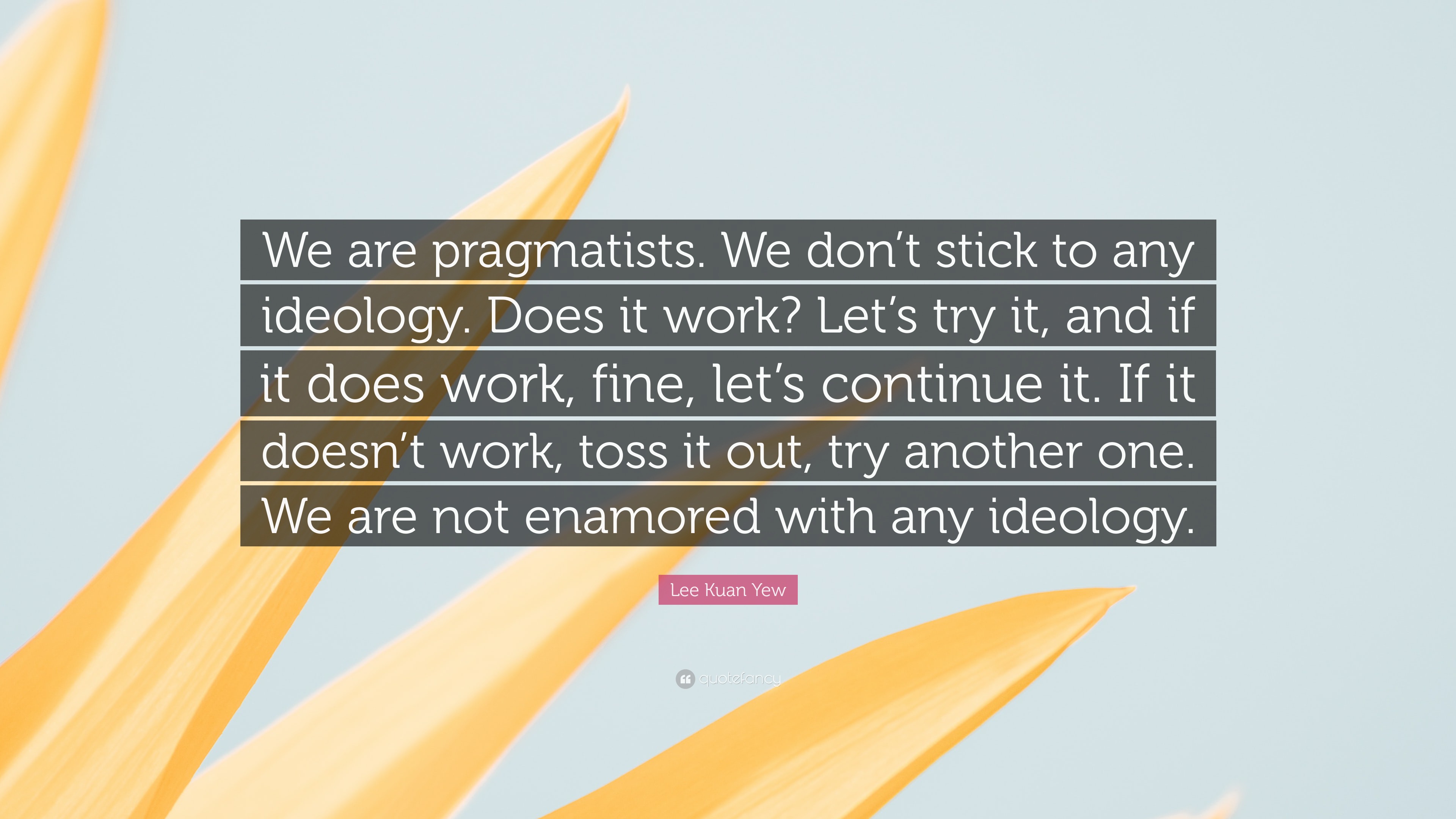 Lee Kuan Yew Quote: “We are pragmatists. We don’t stick to any ideology. Does it work? Let’s try ...