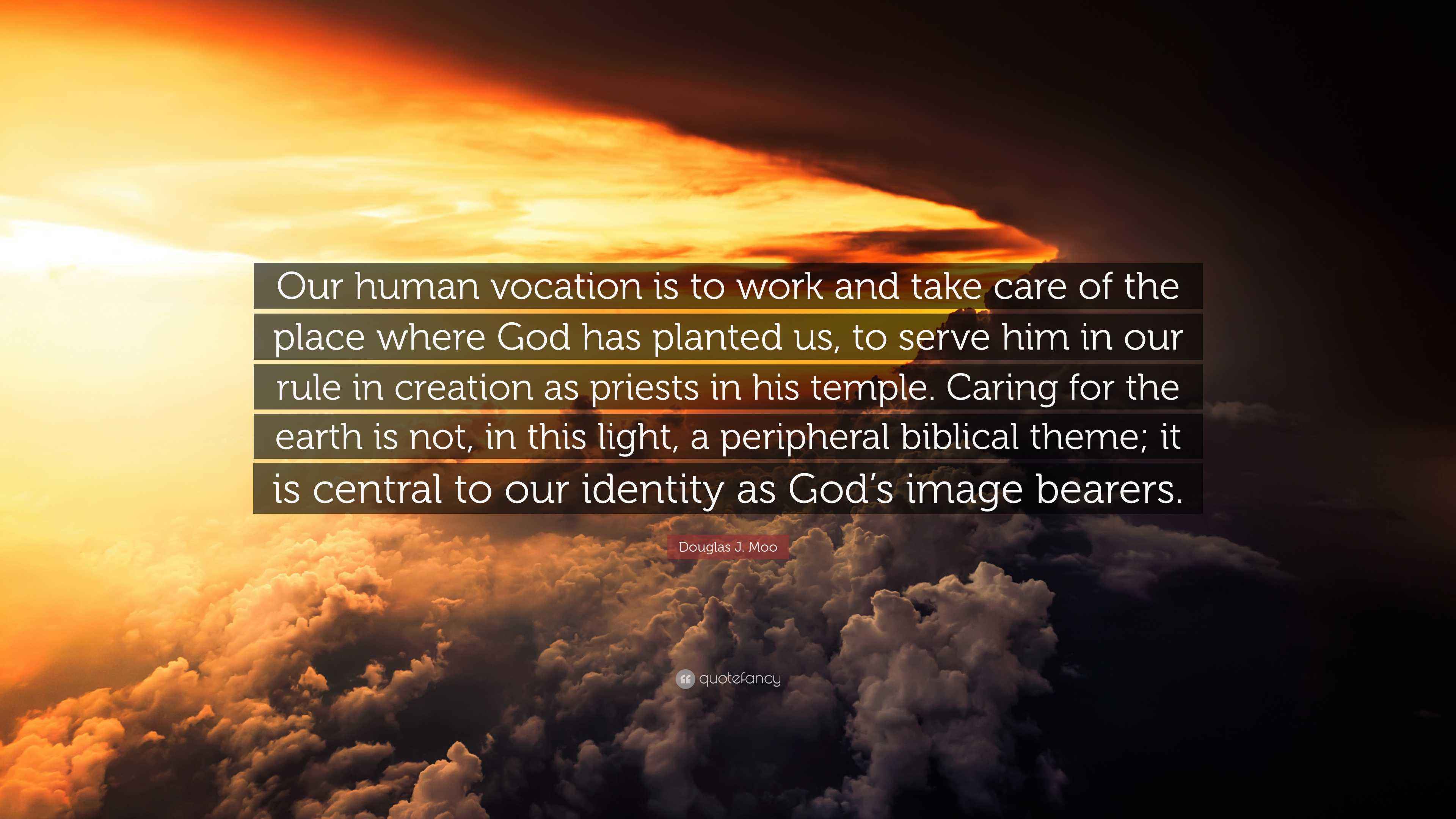 Douglas J. Moo Quote: “Our human vocation is to work and take care of ...