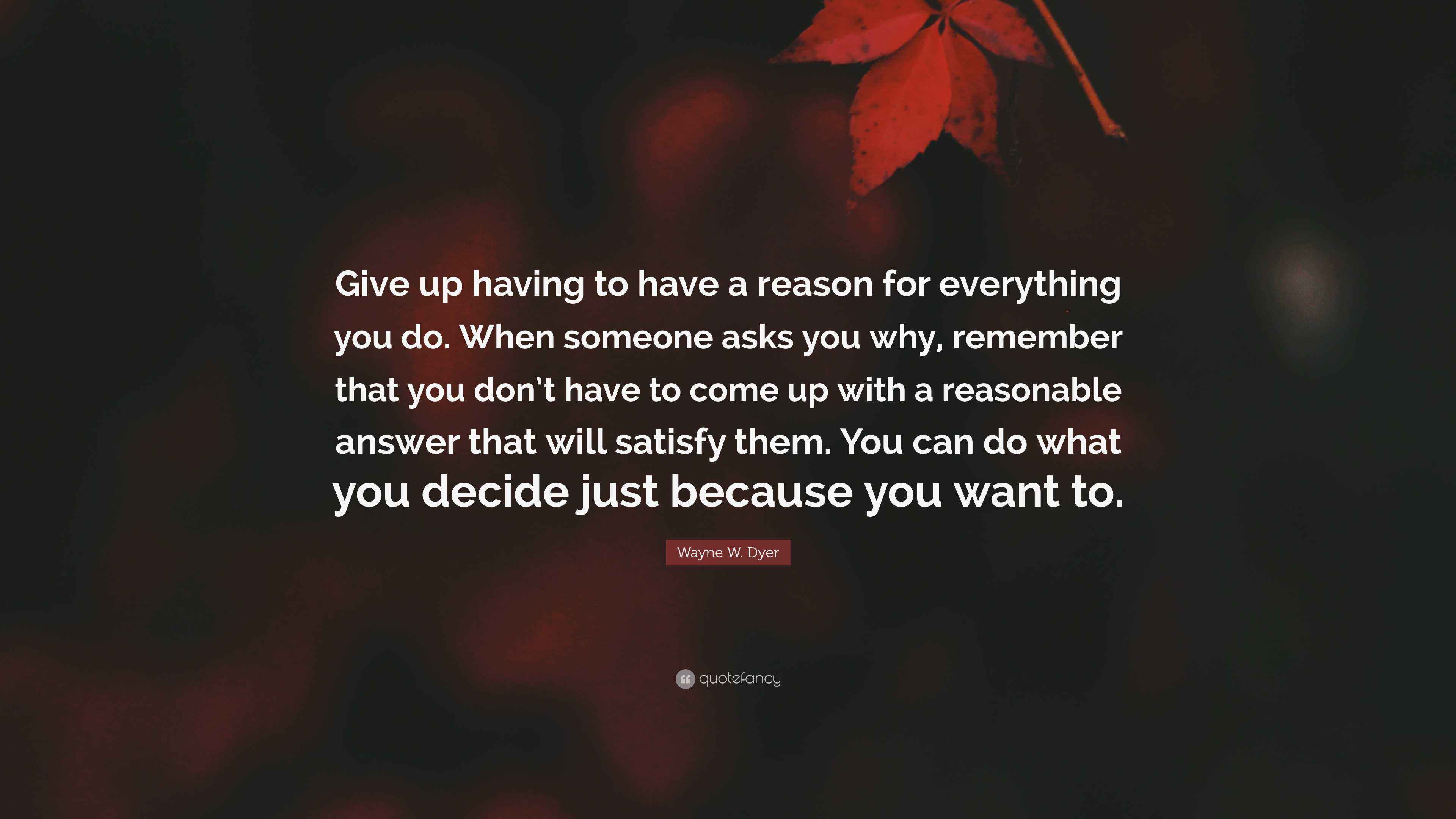 Wayne W. Dyer Quote: “Give up having to have a reason for everything ...