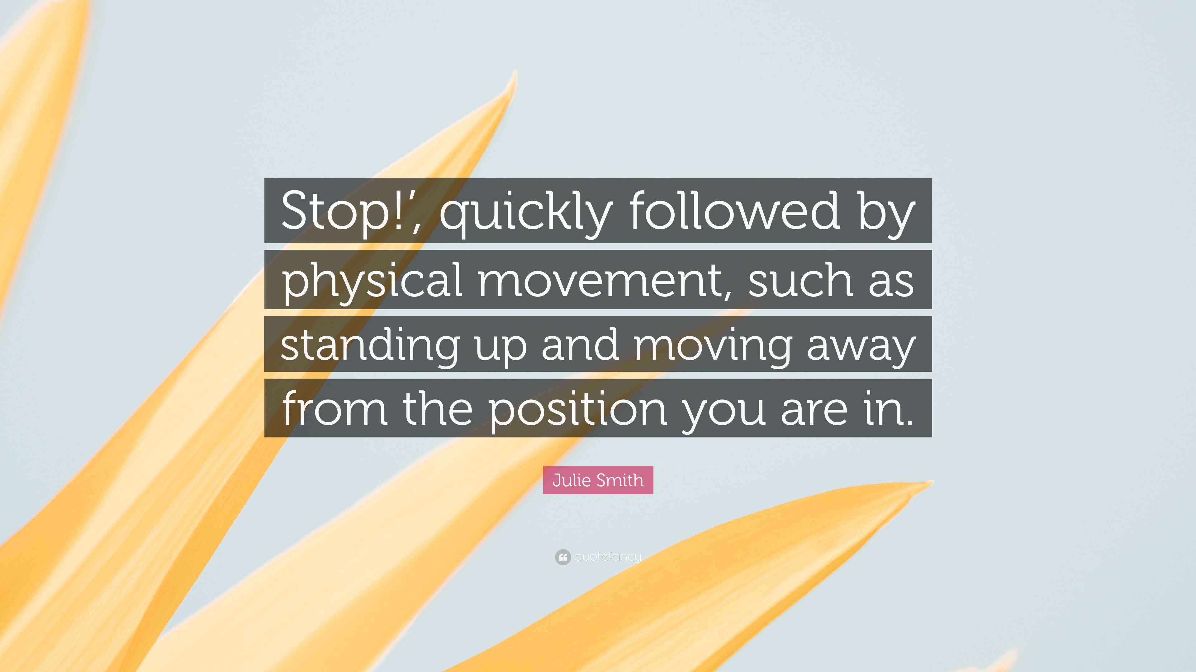 Julie Smith Quote: “Stop!’, quickly followed by physical movement, such ...