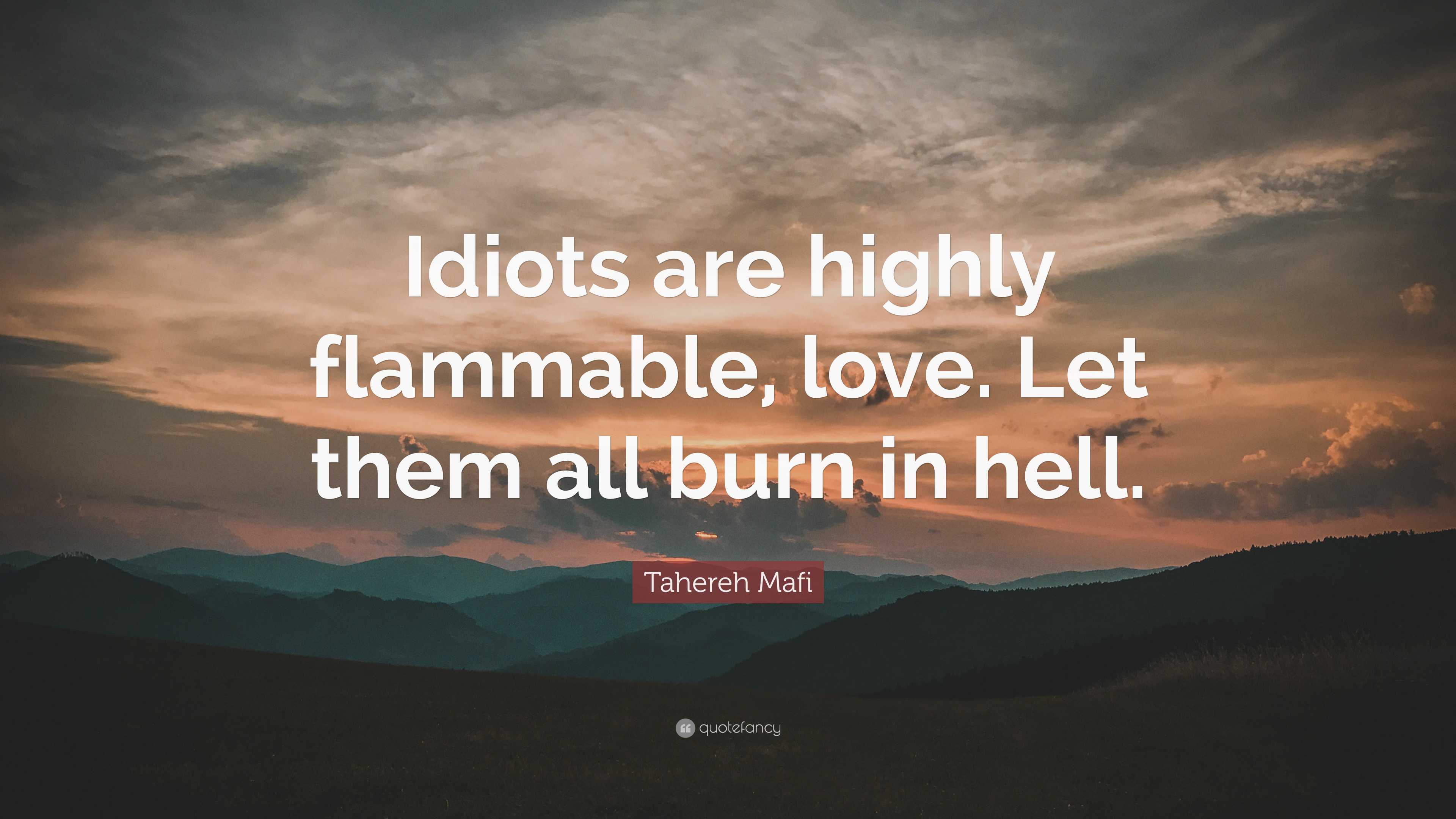 Tahereh Mafi Quote: “Idiots are highly flammable, love. Let them all ...