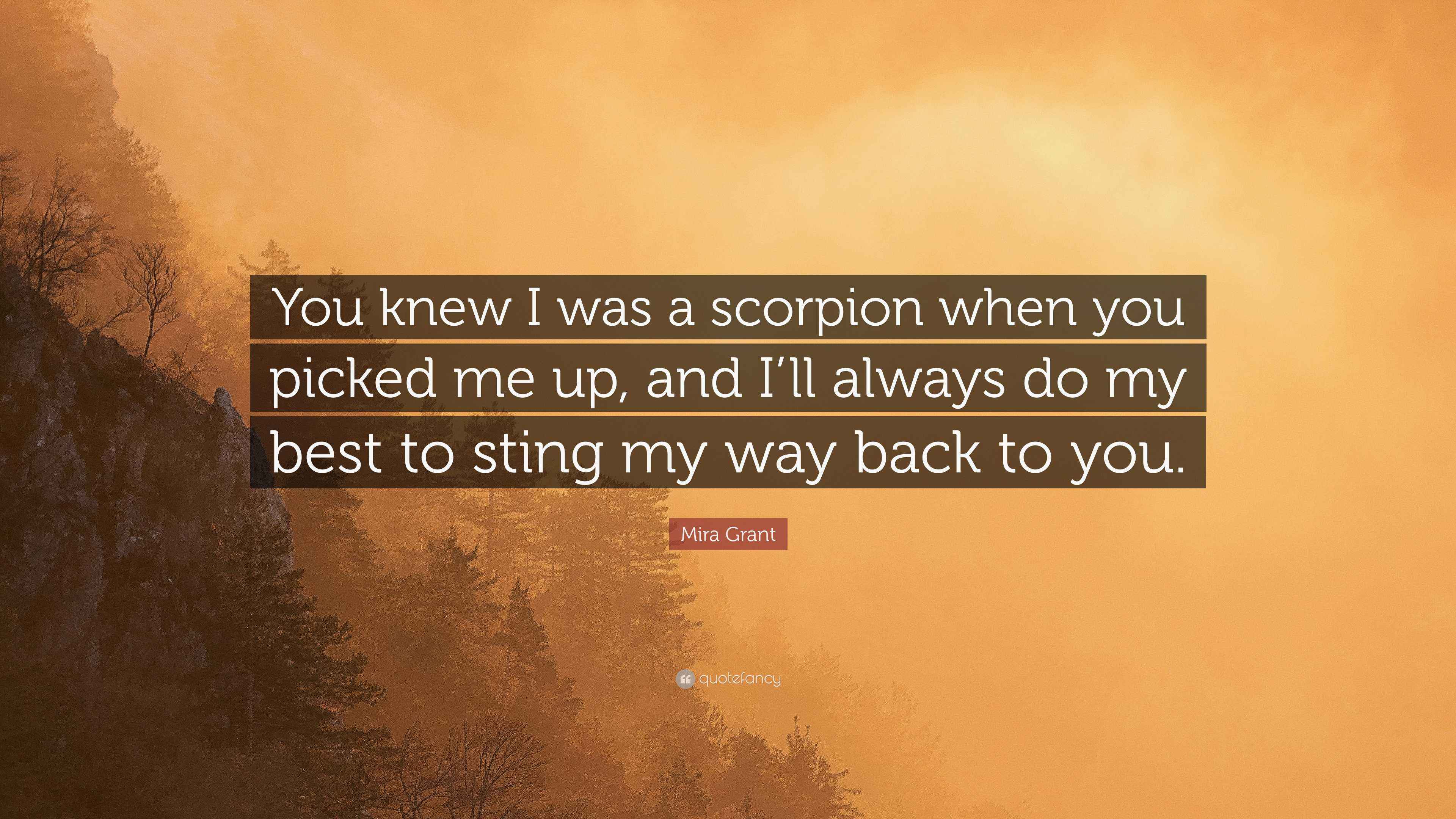 Mira Grant Quote: “You knew I was a scorpion when you picked me up, and ...
