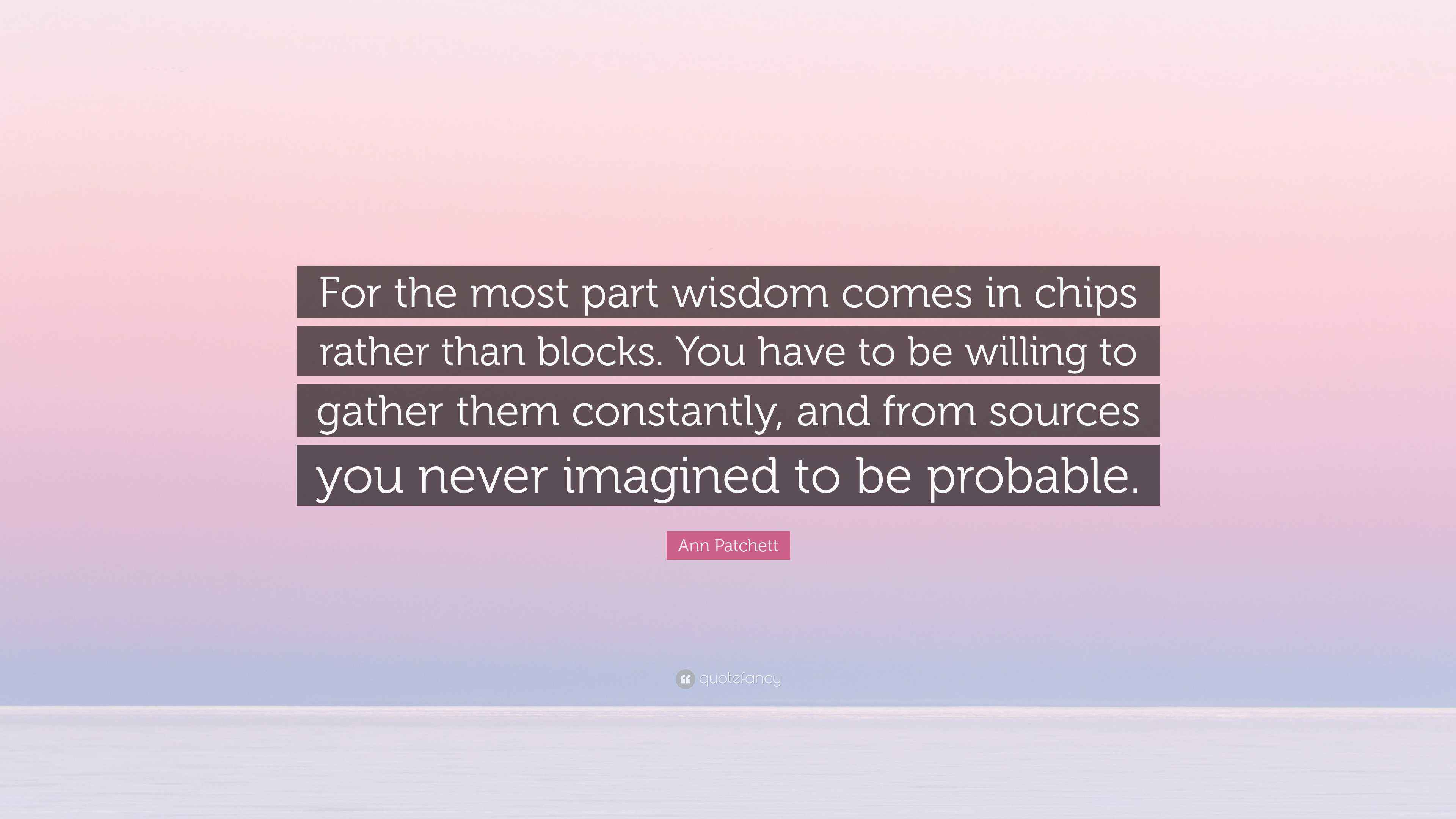 Ann Patchett Quote: “For the most part wisdom comes in chips rather ...