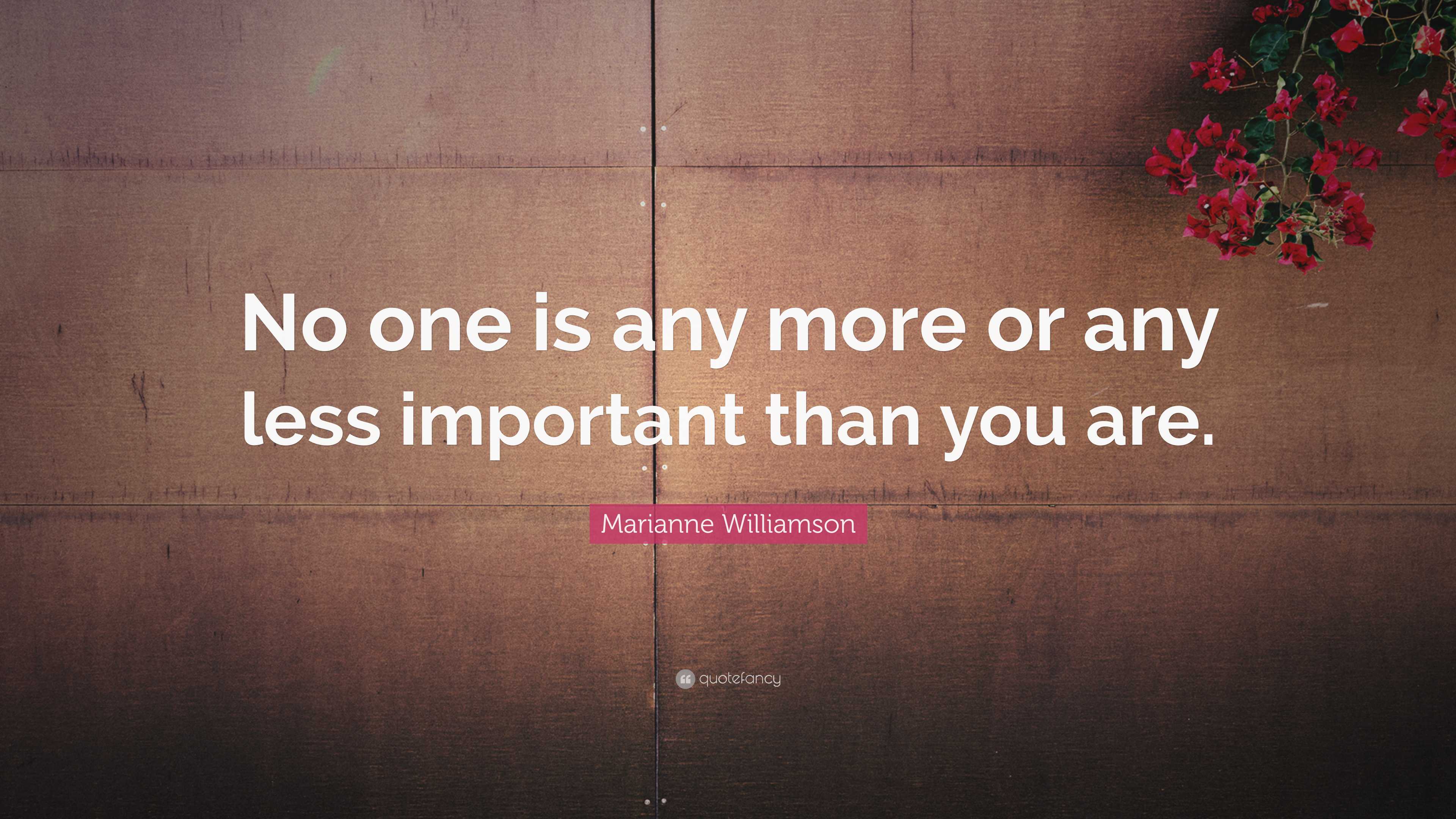 Marianne Williamson Quote: “No one is any more or any less important ...