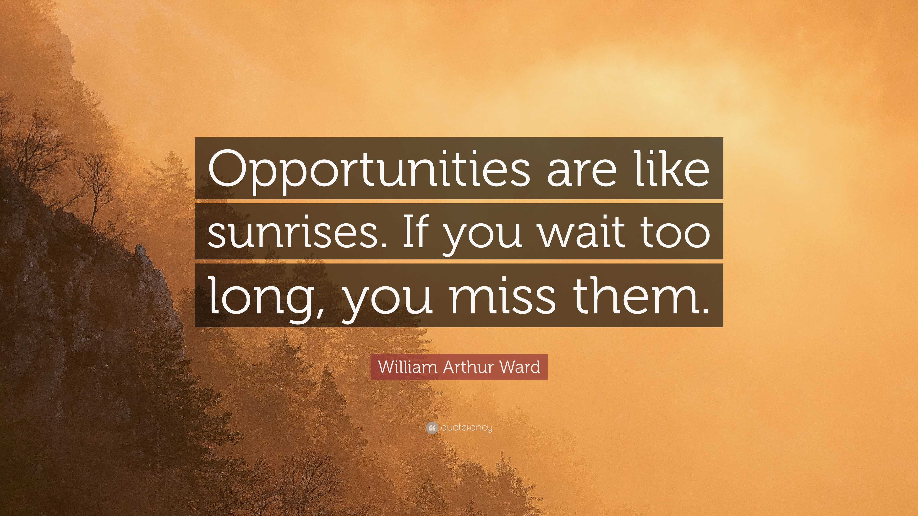 William Arthur Ward Quote: “Opportunities are like sunrises. If you wait too long, you miss them.”