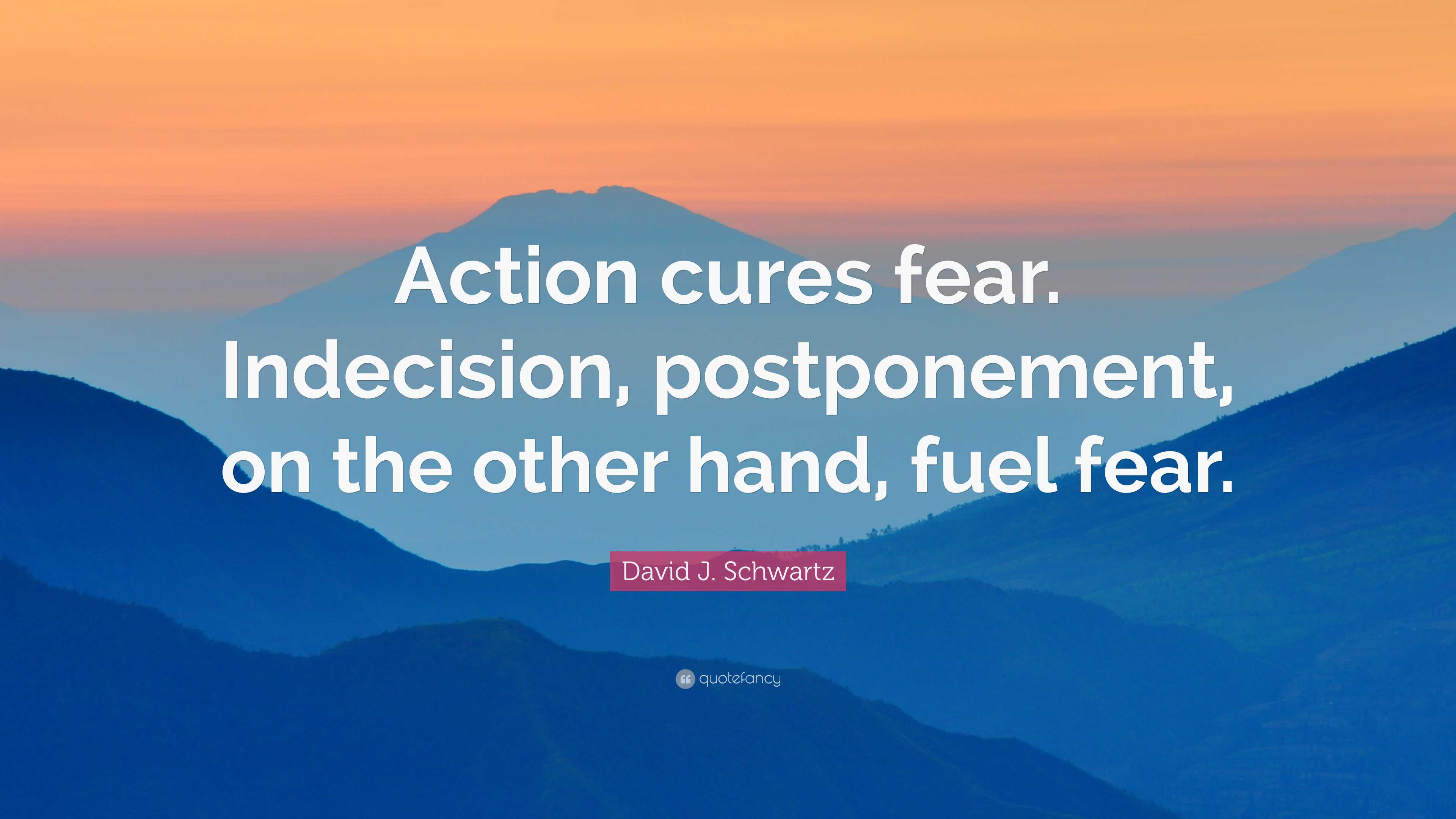 David J. Schwartz Quote: “Action cures fear. Indecision, postponement ...