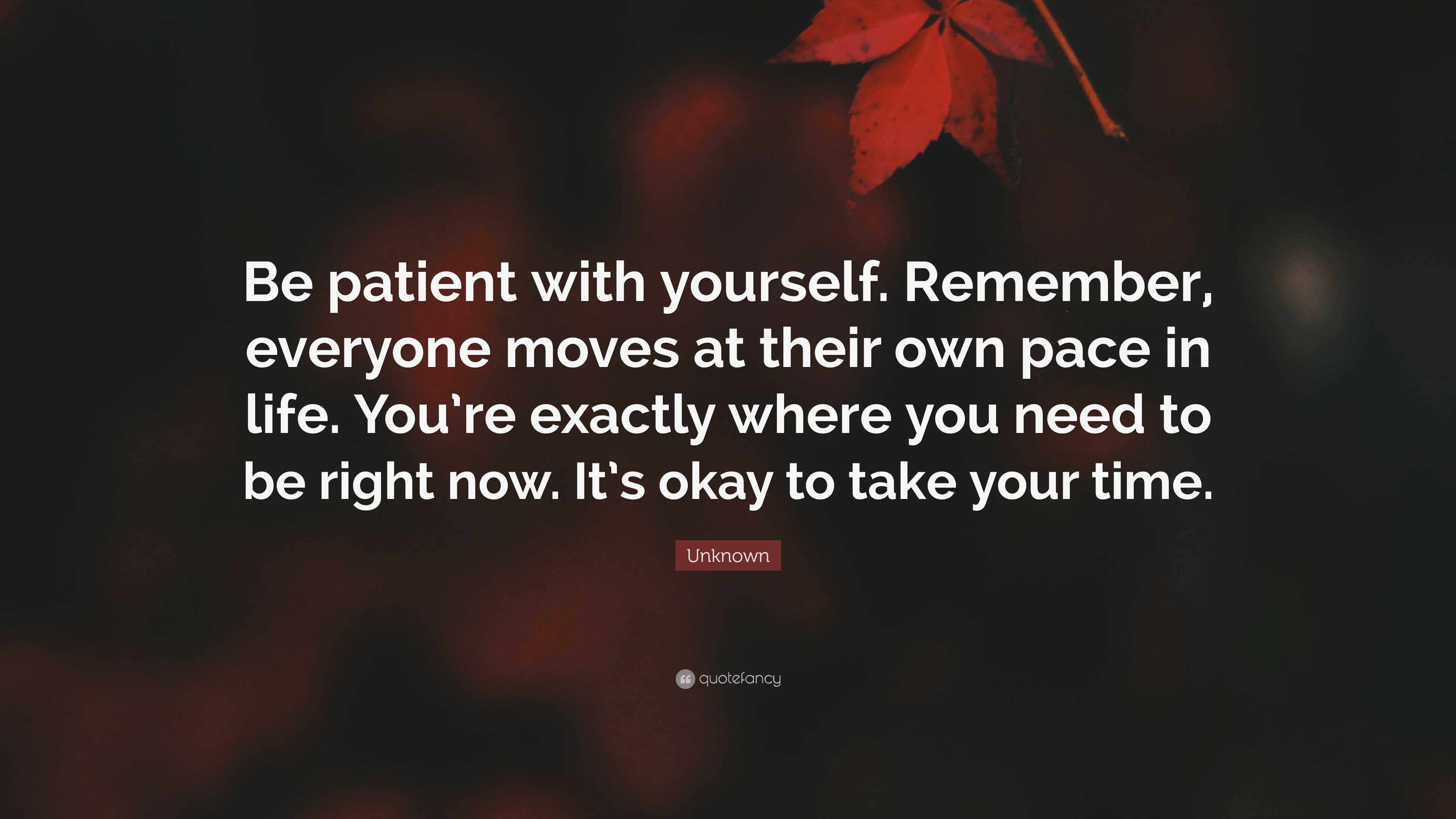 Unknown Quote: “Be patient with yourself. Remember, everyone moves at ...