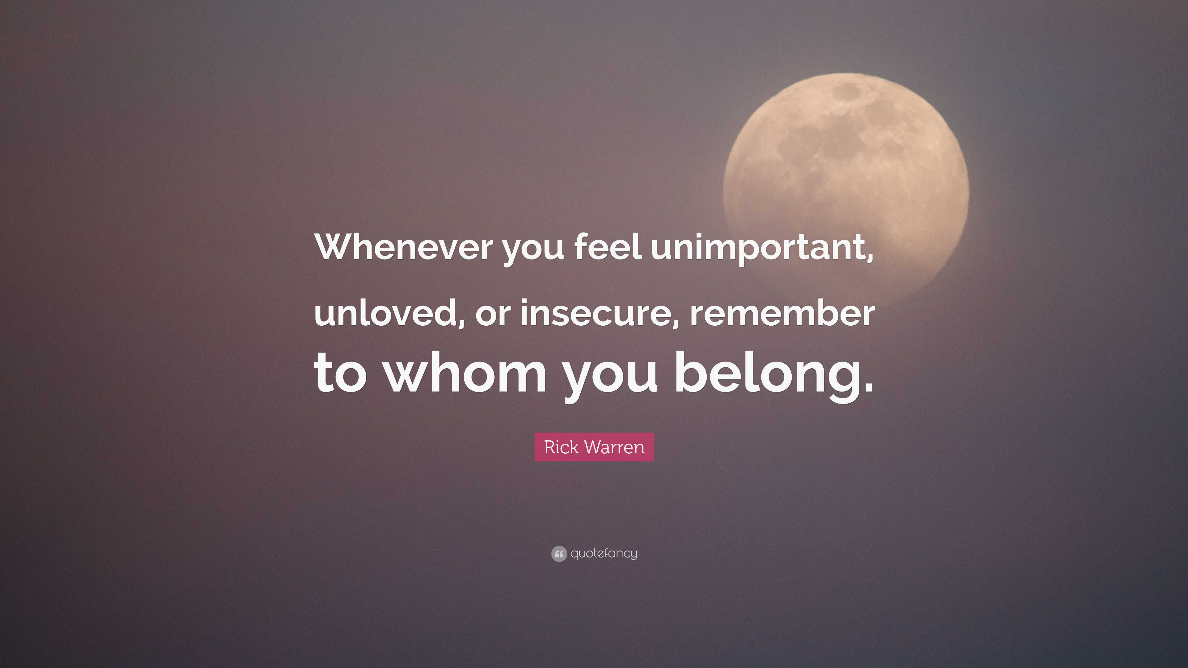 Rick Warren Quote: “Whenever you feel unimportant, unloved, or insecure ...