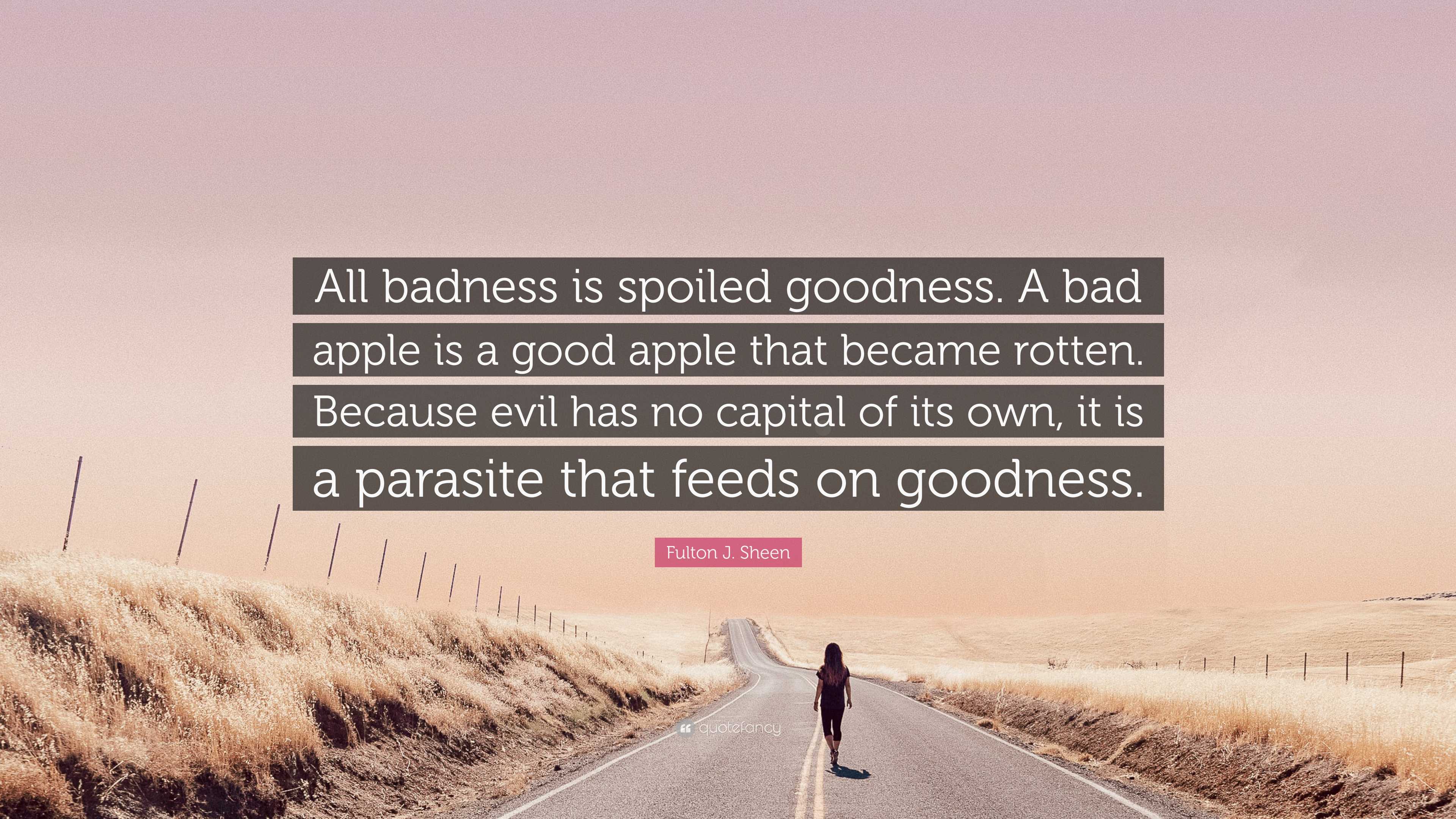 Fulton J. Sheen Quote: “All badness is spoiled goodness. A bad apple is ...