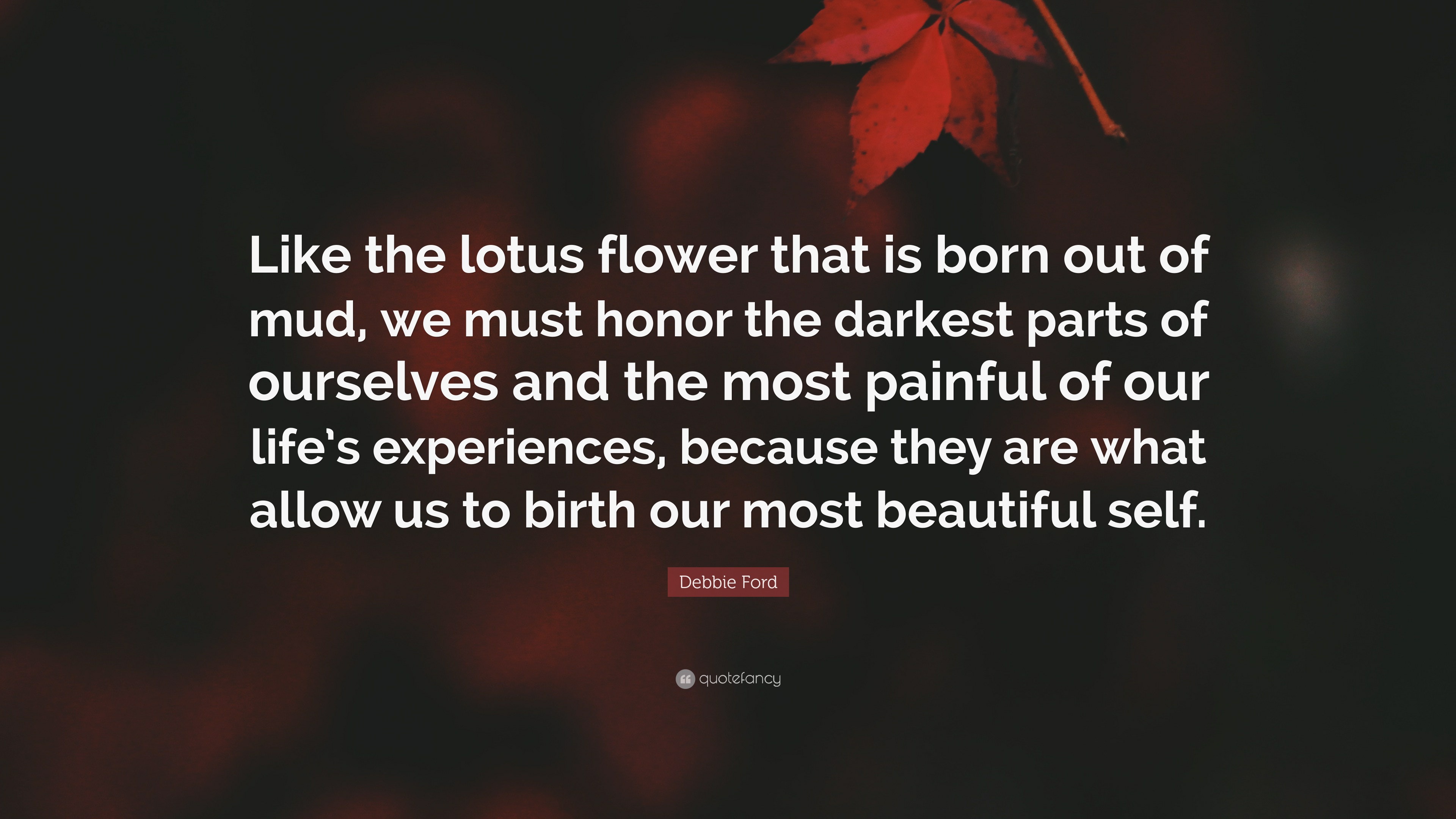 Debbie Ford Quote: “Like the lotus flower that is born out of mud, we ...