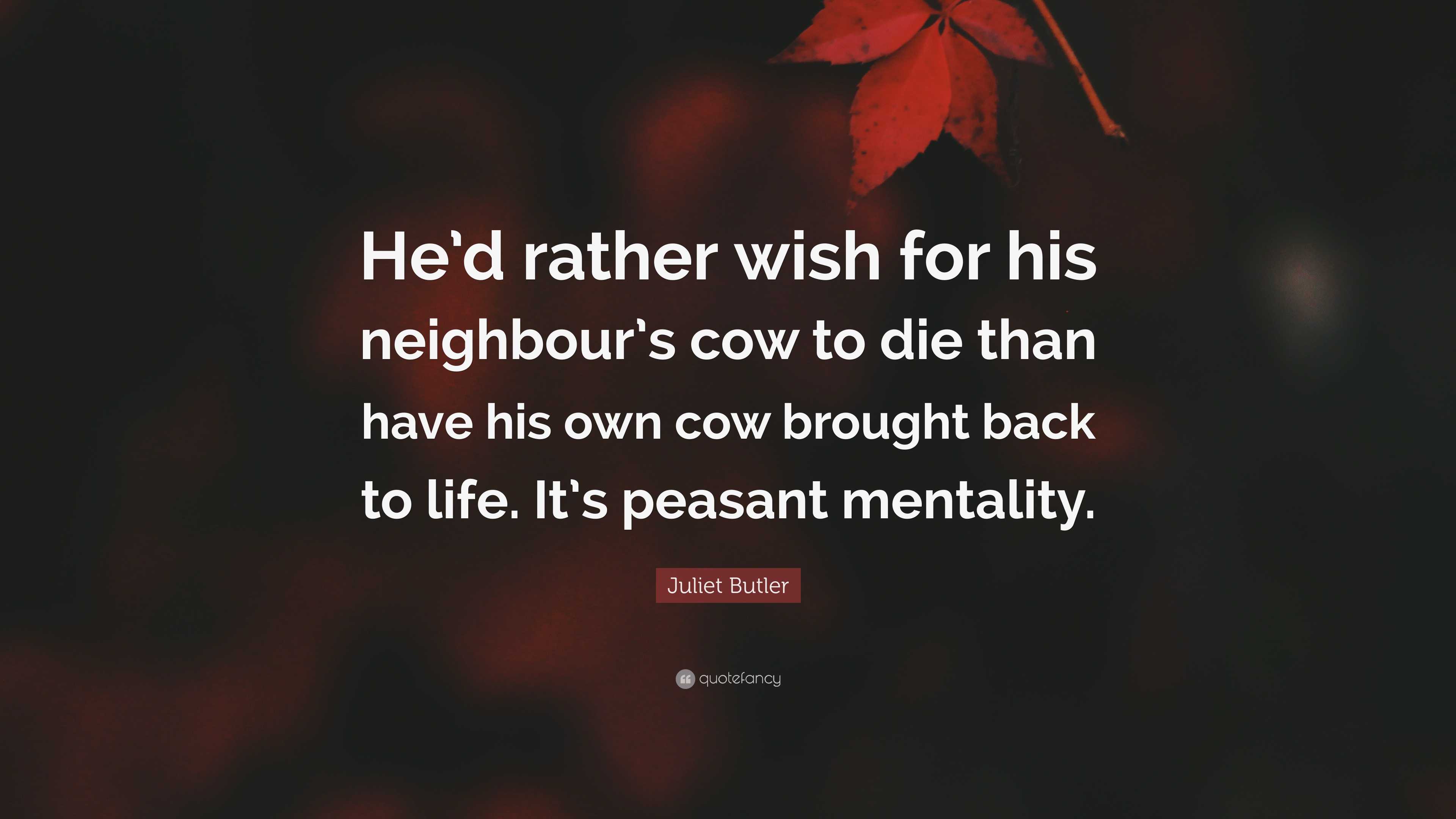 Juliet Butler Quote: “He’d rather wish for his neighbour’s cow to die ...