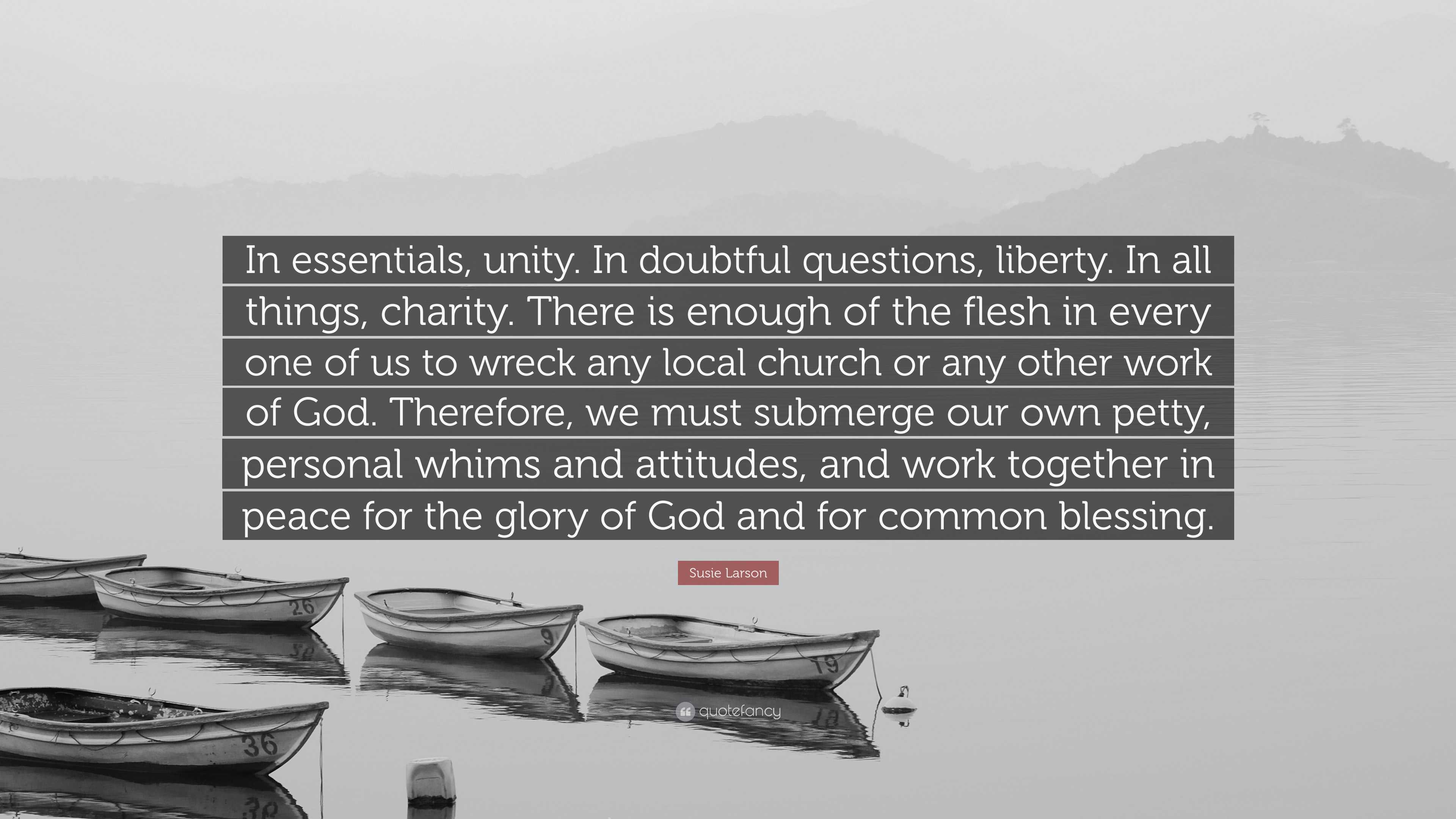 Susie Larson Quote: “In essentials, unity. In doubtful questions ...