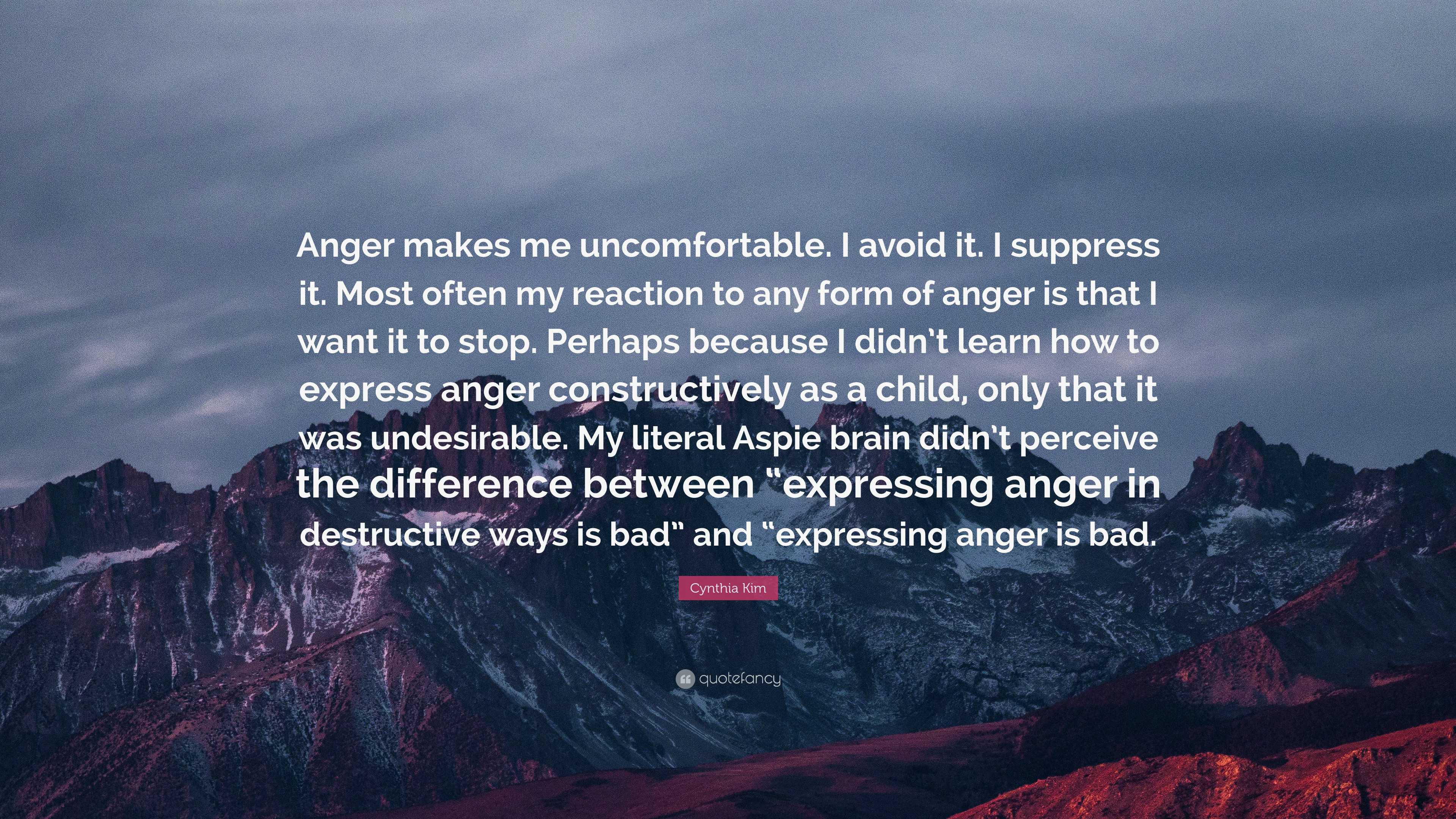 Cynthia Kim Quote: “Anger makes me uncomfortable. I avoid it. I ...