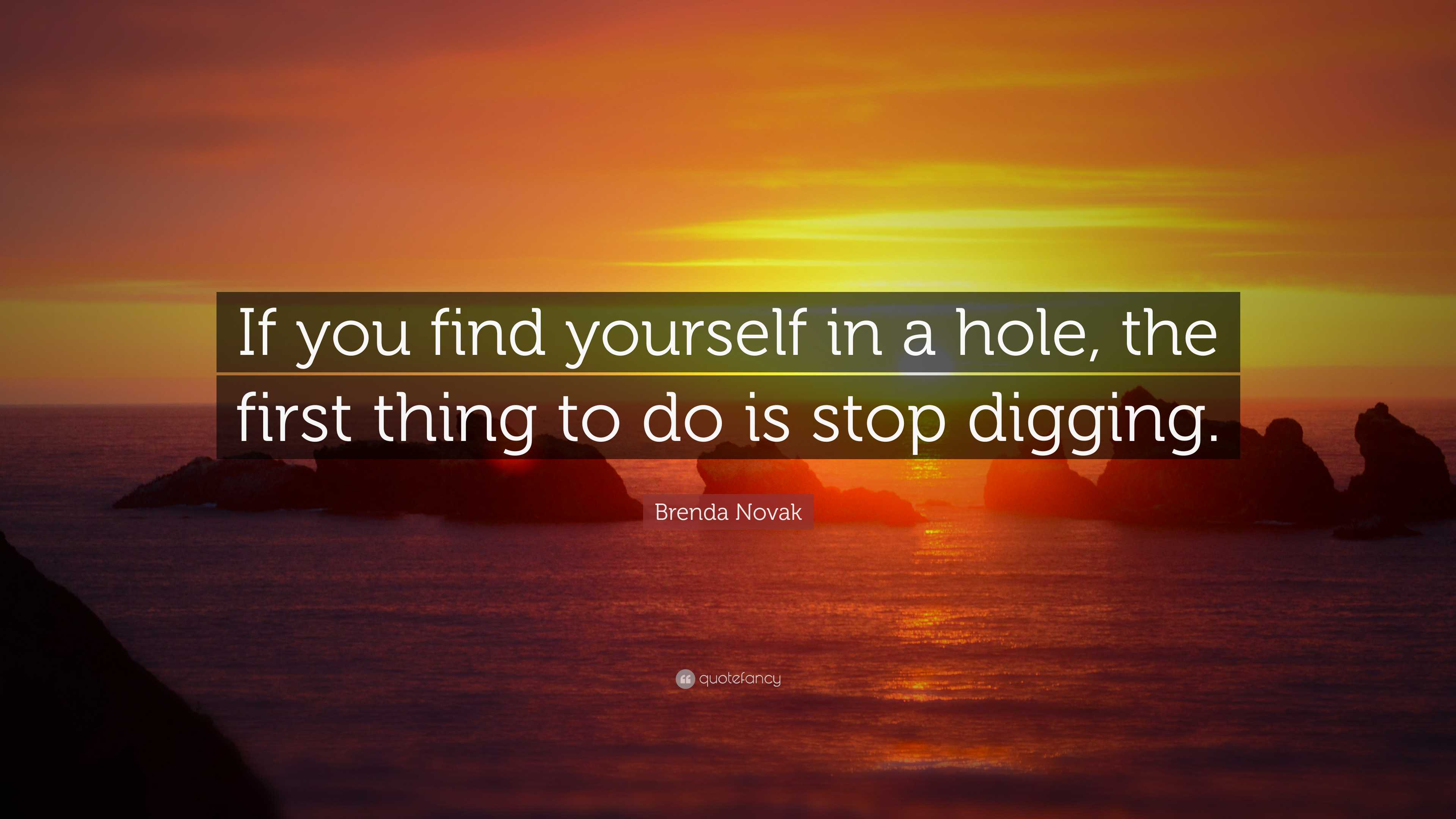 Brenda Novak Quote: “If you find yourself in a hole, the first thing to ...
